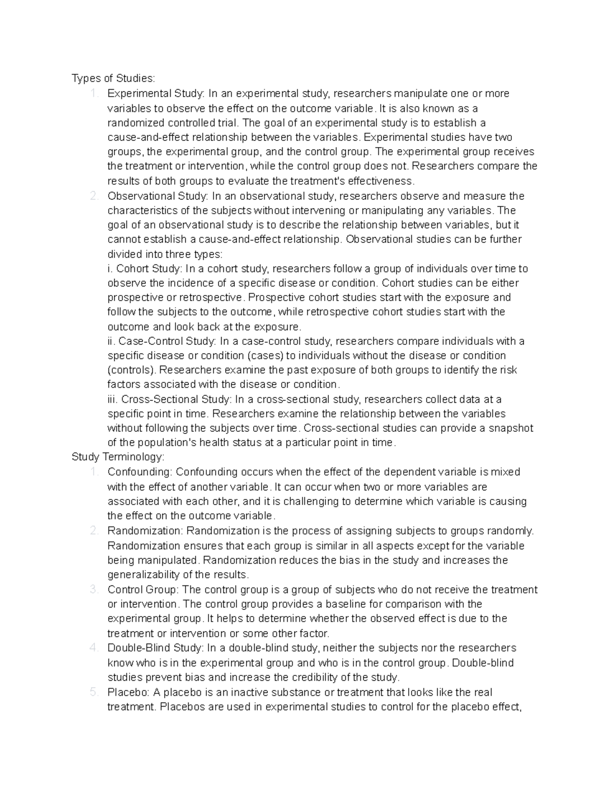 STAT 101 lecture notes - Types of Studies: 1. Experimental Study: In an ...