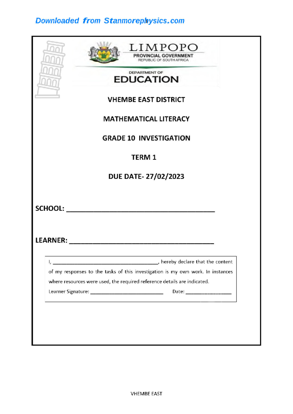 LP Maths Literacy Grade 10 Investigation 2023 and Memo - Studocu