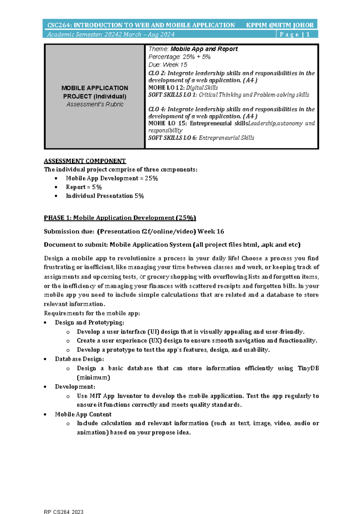 20242 March CSC264 Mobile App Project Individual Guideline - Academic Semester: 20242 March ...