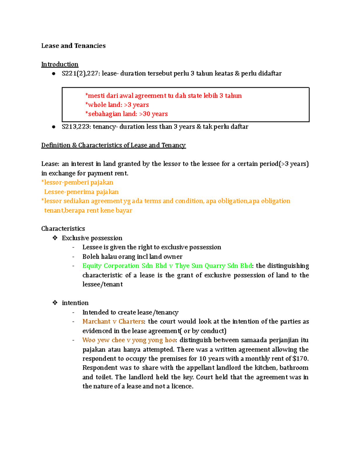 Lease & Tenancy - EXAM PREPARATION LAND LAW - Lease and Tenancies ...