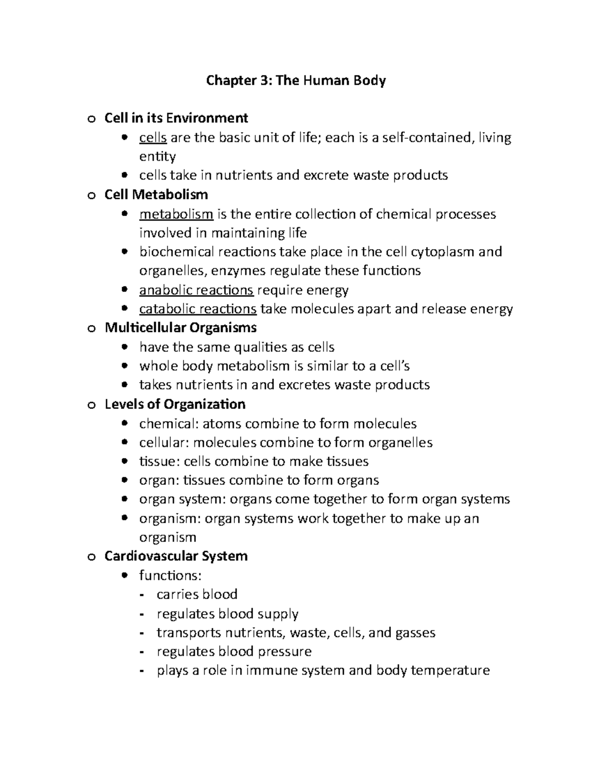 Chpt 3 notes - Chapter 3: The Human Body o Cell in its Environment ...