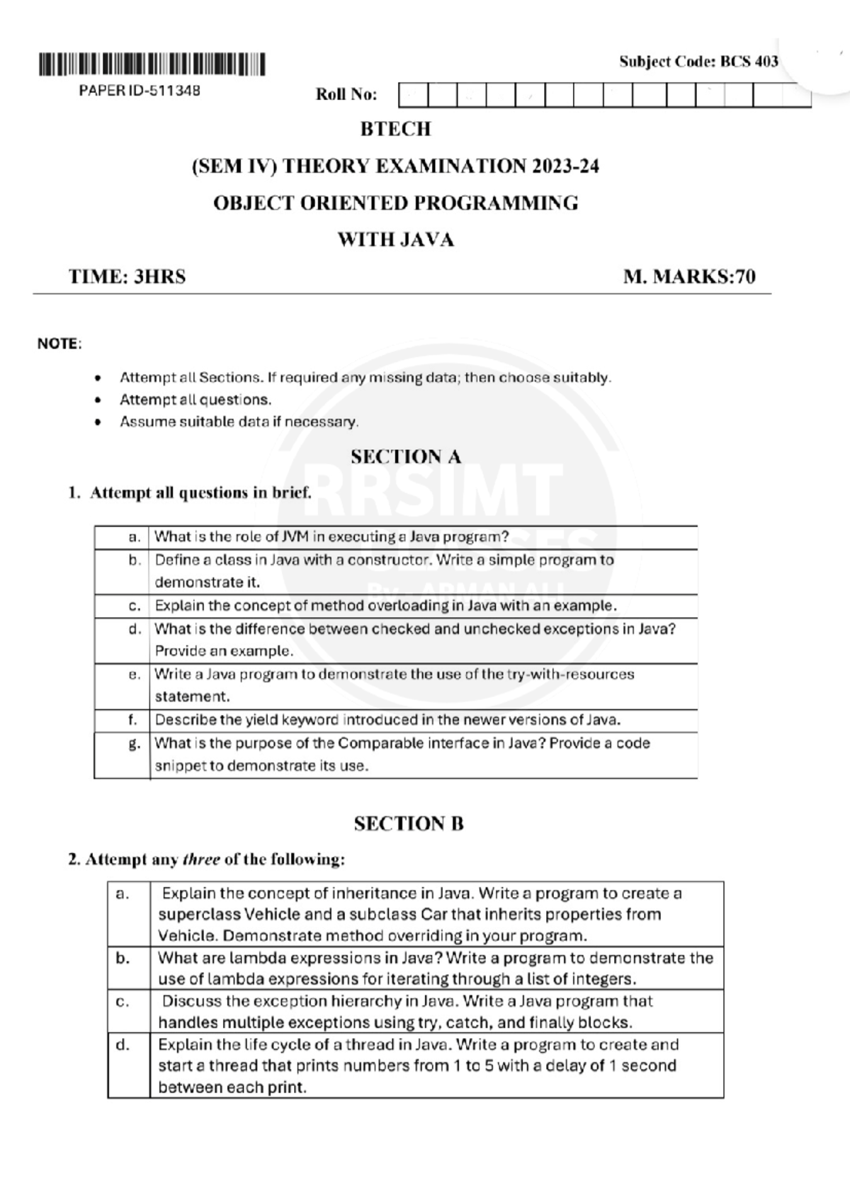 Java sample paper 2 By Rrsimt Classes - Subject Code: BCS 403 PAPER R ...