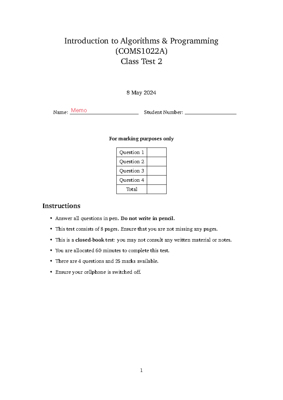 Coms1022a test 2 memo (1) - Introduction to Algorithms & Programming ...
