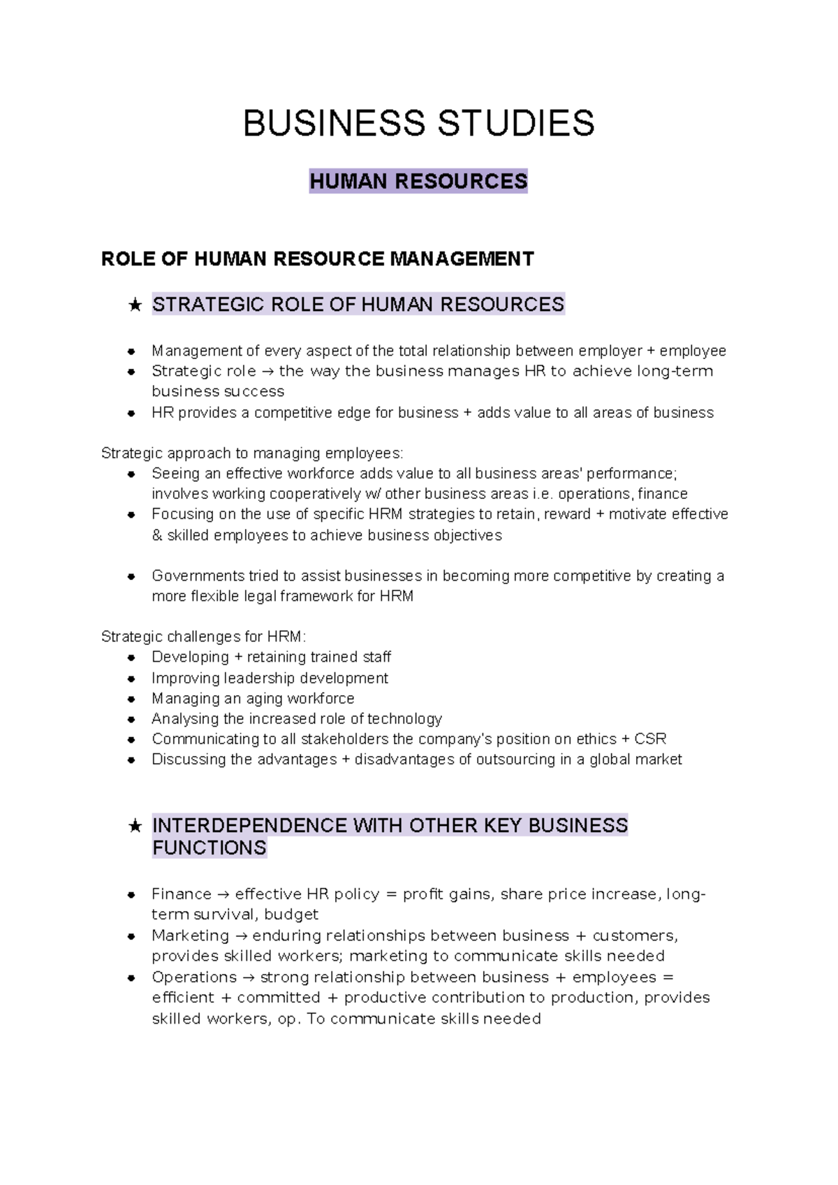 Human Resources - bbnm,k - BUSINESS STUDIES HUMAN RESOURCES ROLE OF ...