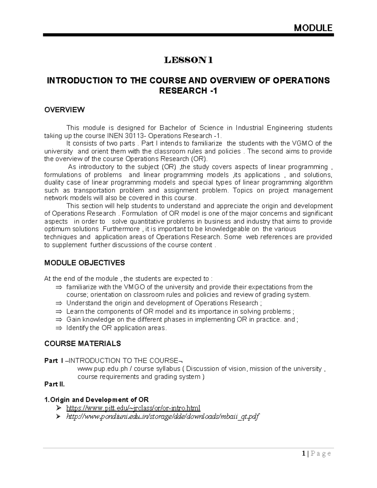 Lesson 1-Introduction &Overview of OR - LESSON 1 INTRODUCTION TO THE ...