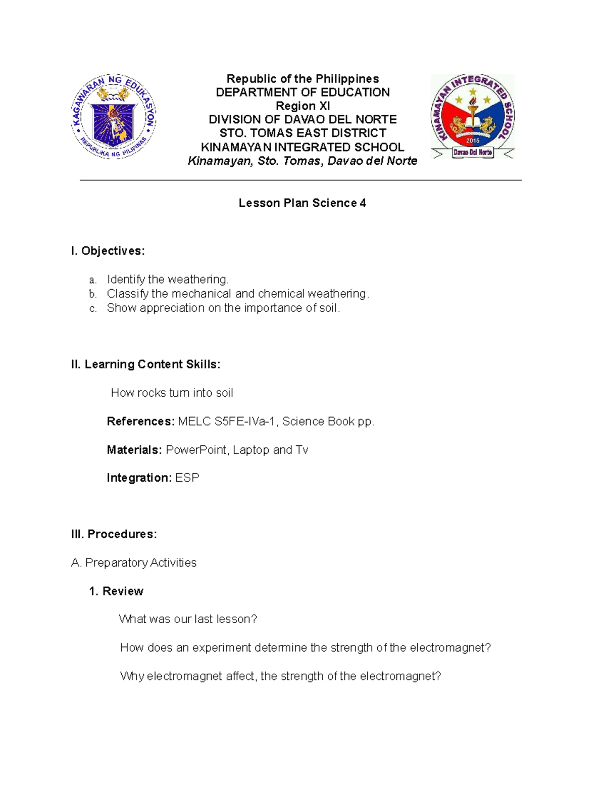 LP-science-grade 5 - Lesson Plan in Science 5 - Republic of the ...
