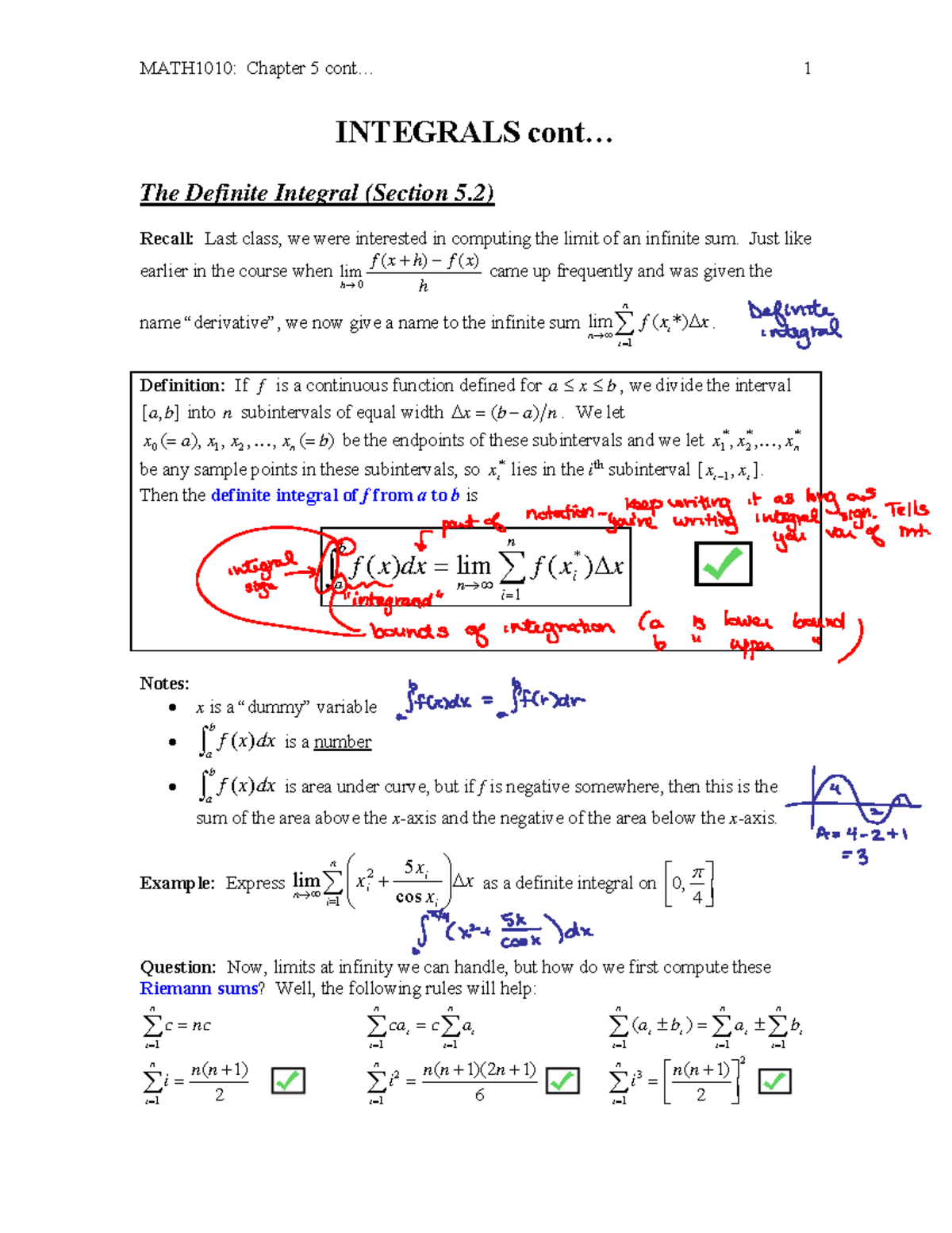 Calculus Note (15) - MATH1010: Chapter 5 cont… 1 INTEGRALS cont… The ...