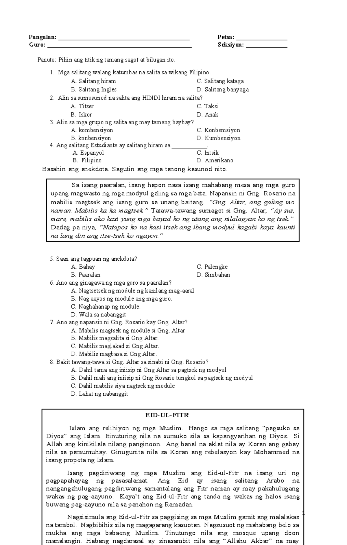 2ND Quarter Periodic Filipino-TEST-FIL 5 - Pangalan