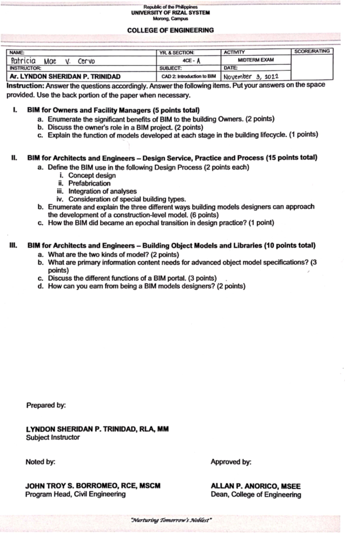 Cervo 4CEA Midterms Exam-BIM - Civil Engineering - Studocu