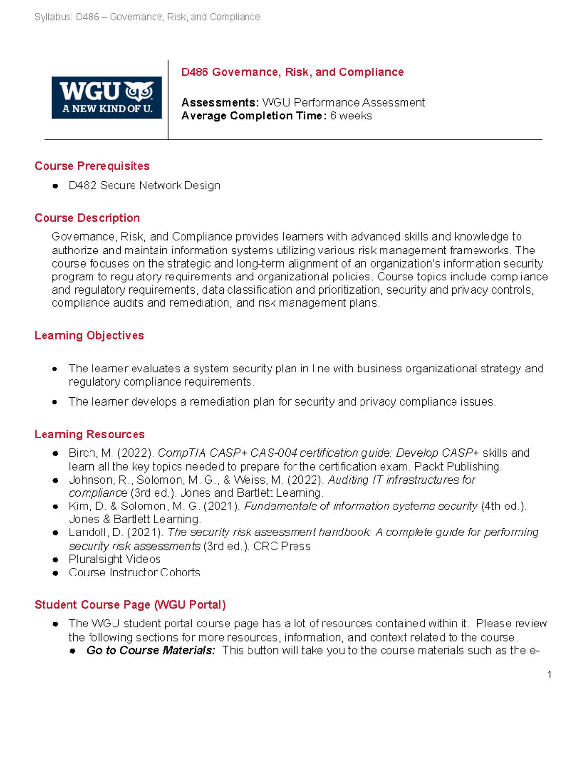 Ysllabus - Syllabus - D486 Governance, Risk, and Compliance Assessments ...