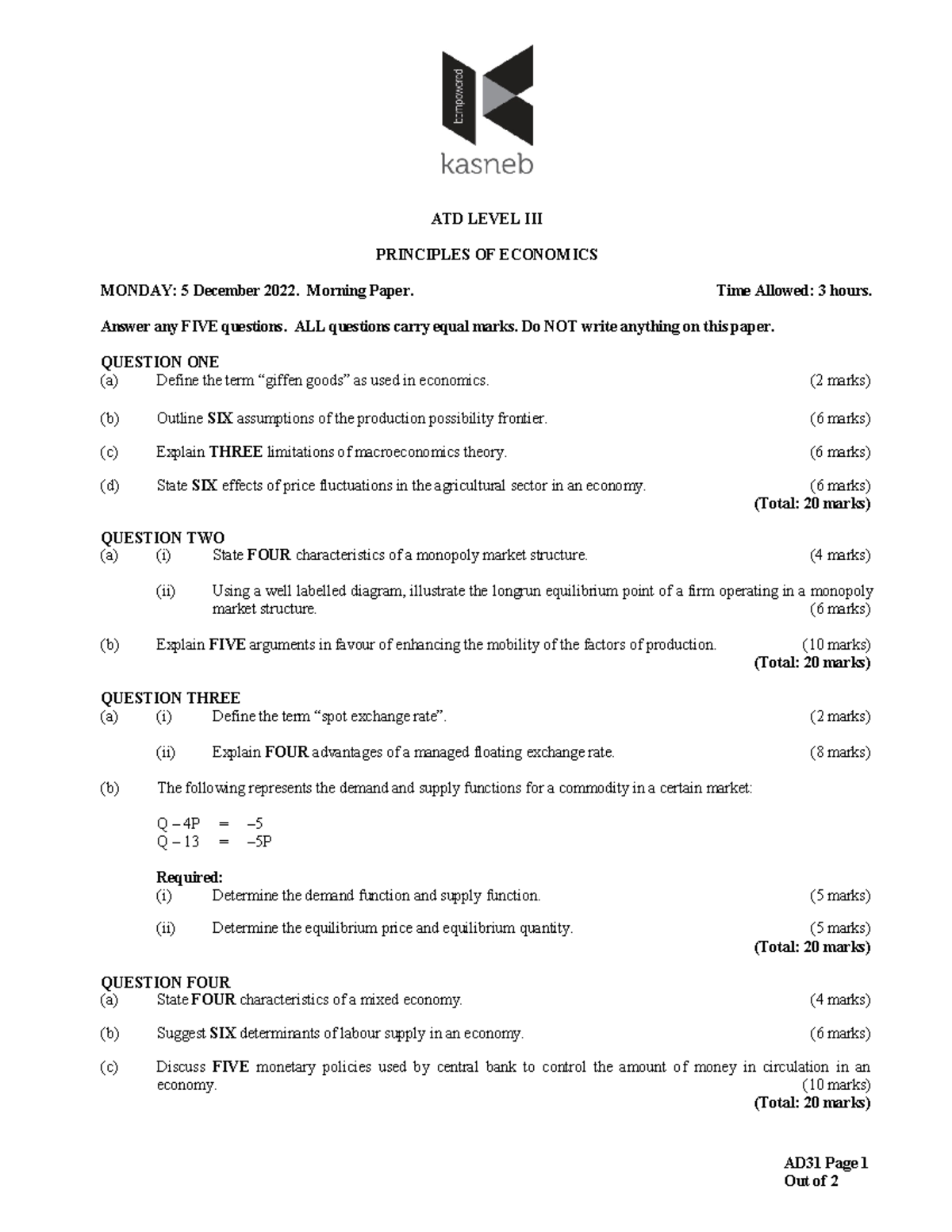 Pst Principles of Economics Past Papers 2015 2022 - AD31 Page 1 Out of ...