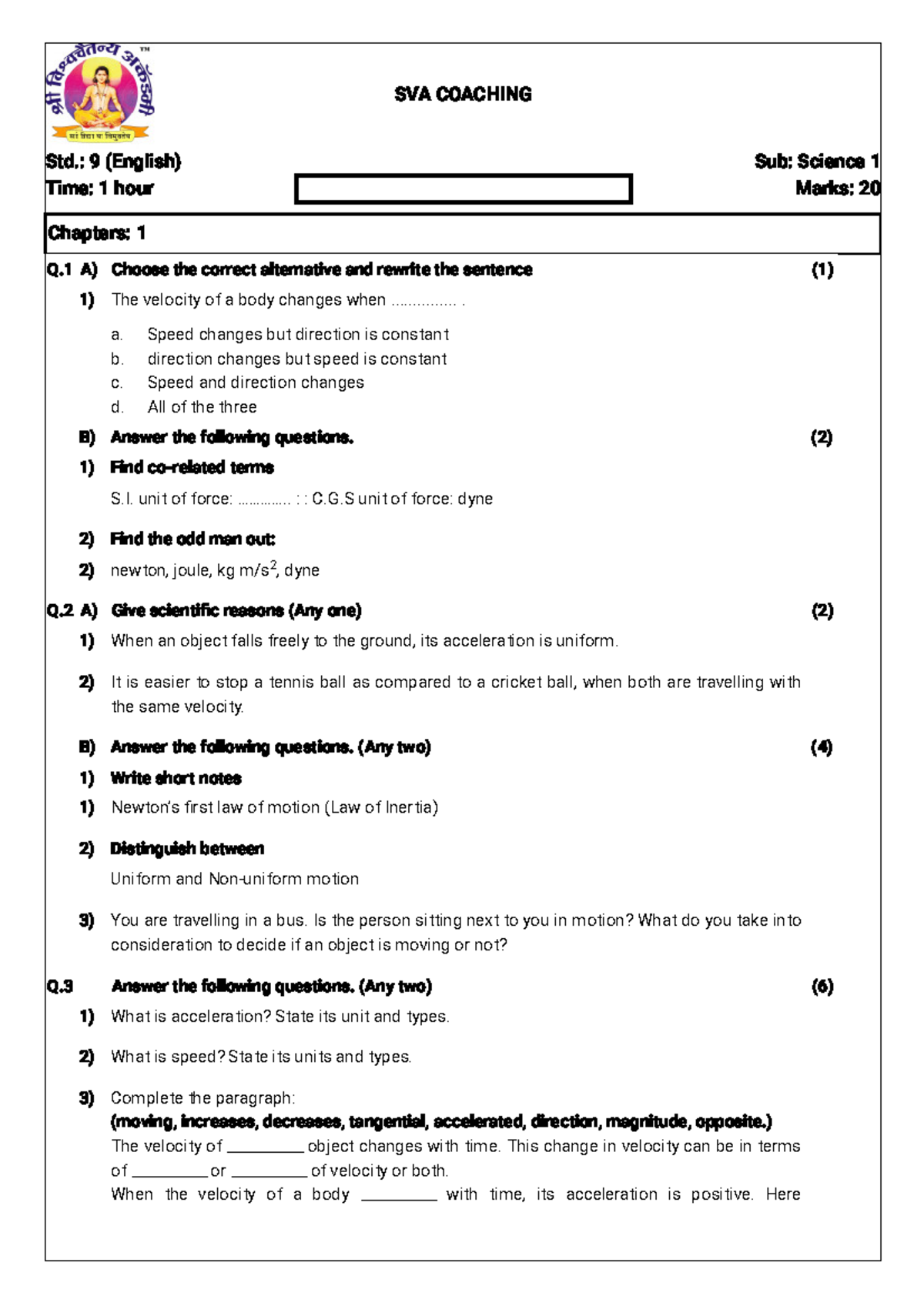 Class 9 motion - SVA COACHING Std.: 9 (English) Sub: Science 1 Time: 1 ...