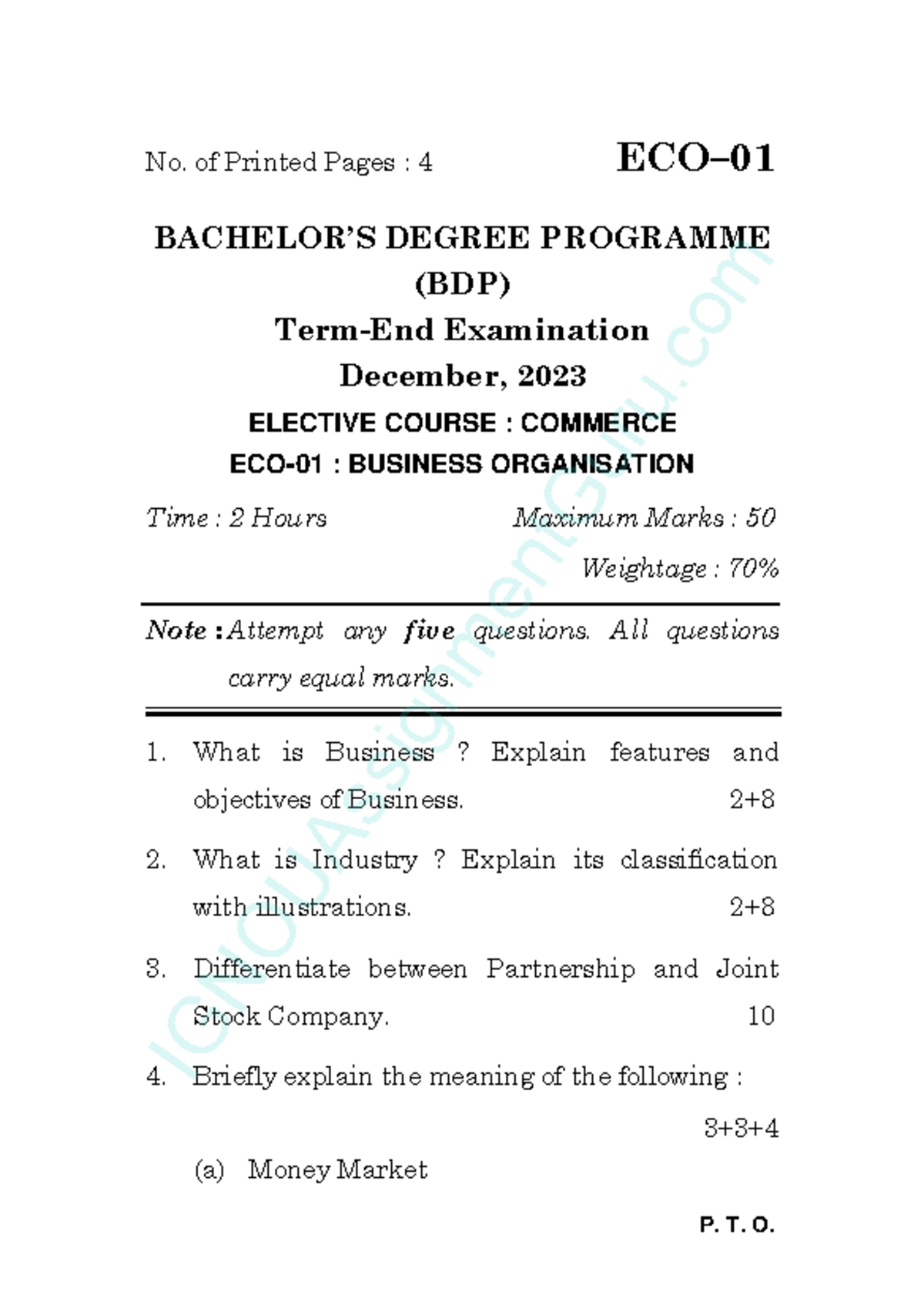 ECO-01 - Business Organization - P. T. O. No. of Printed Pages : 4 ECO ...