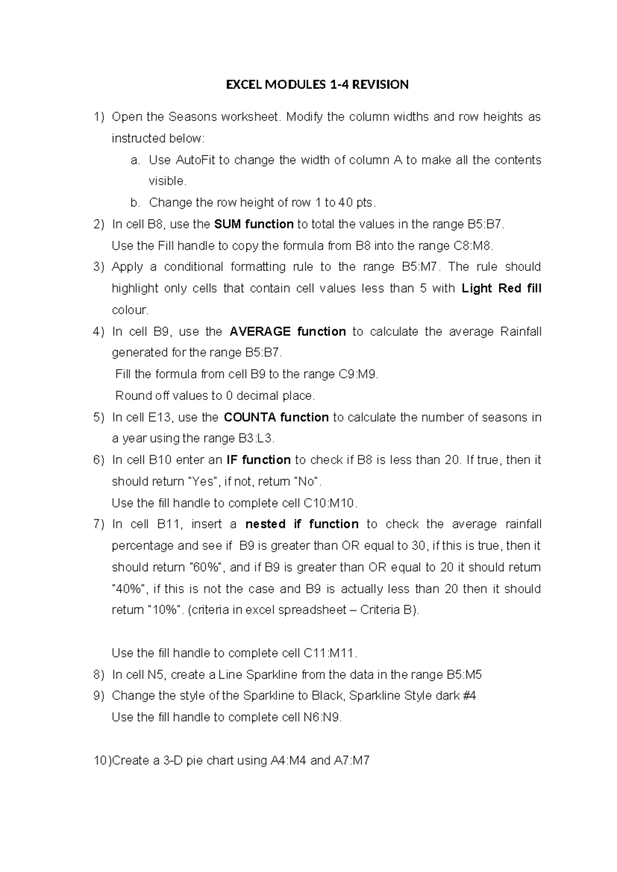Excel Revision Instructions 2023 - EXCEL MODULES 1-4 REVISION Open the ...