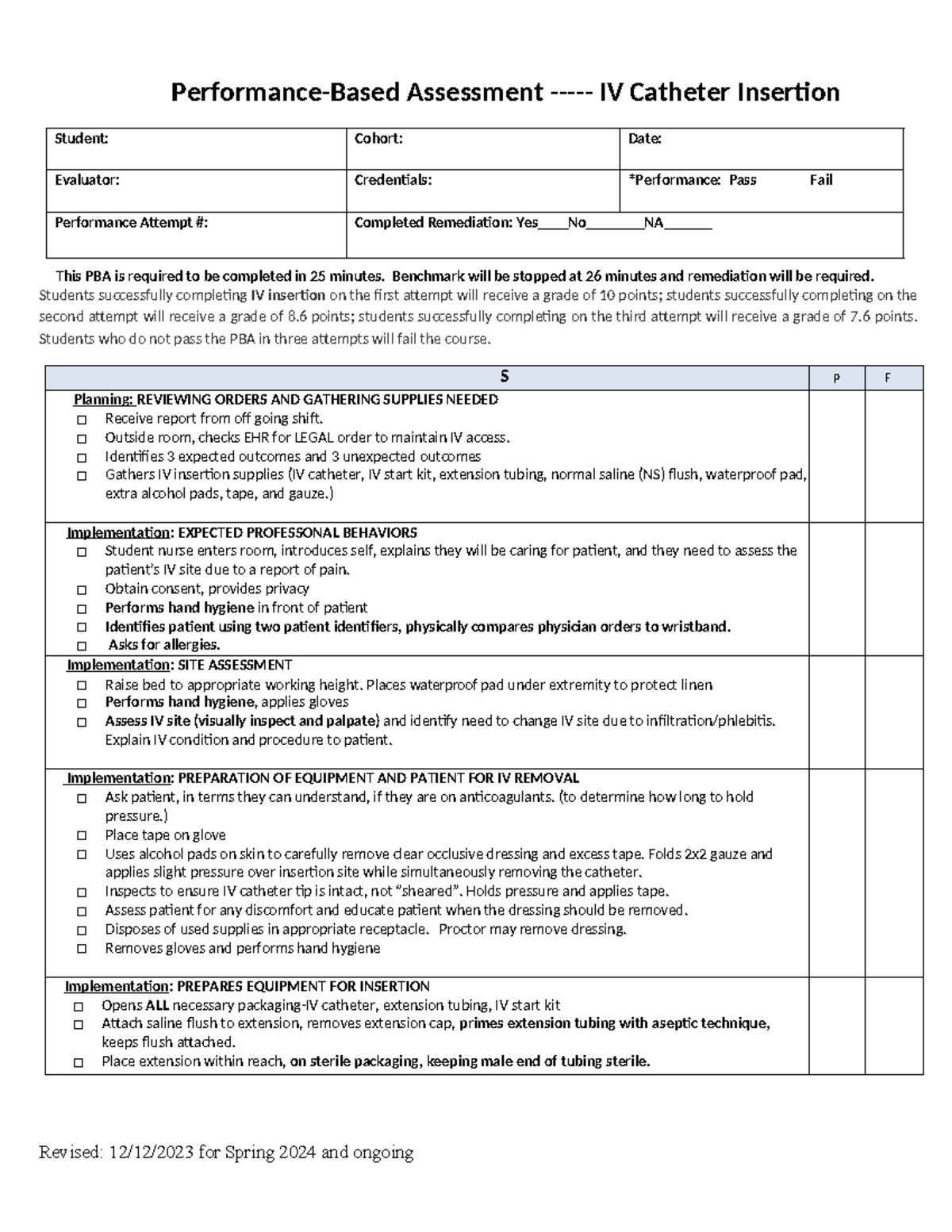 1 NUR 320 Revised IV Catheter Insertion PBA Dec 23 - Performance-Based ...
