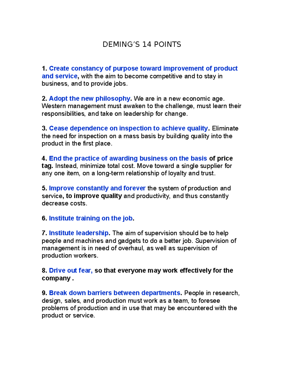 Demings Fourteen Points - DEMING’S 14 POINTS Create constancy of ...