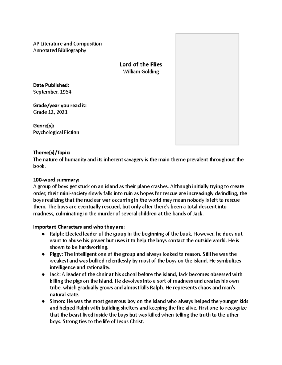 LOTF Data Sheet - AP Literature and Composition Annotated Bibliography ...