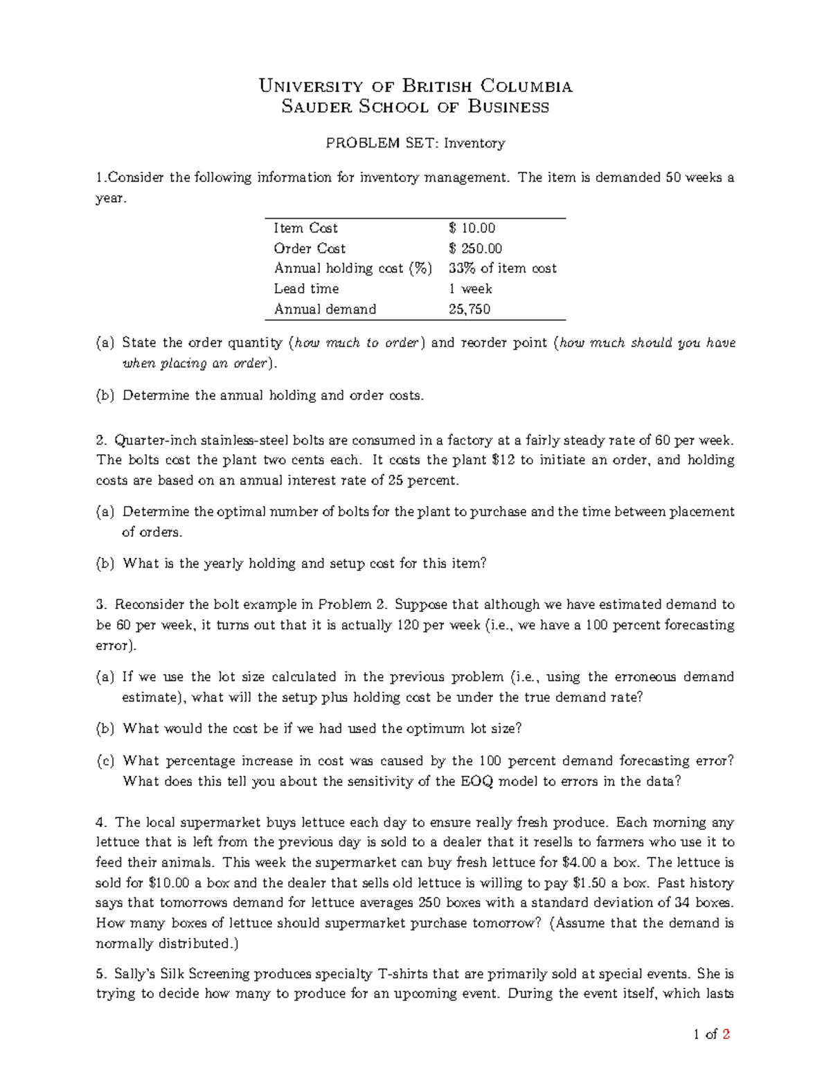 Inventory Problem Set - University of British Columbia Sauder School of ...