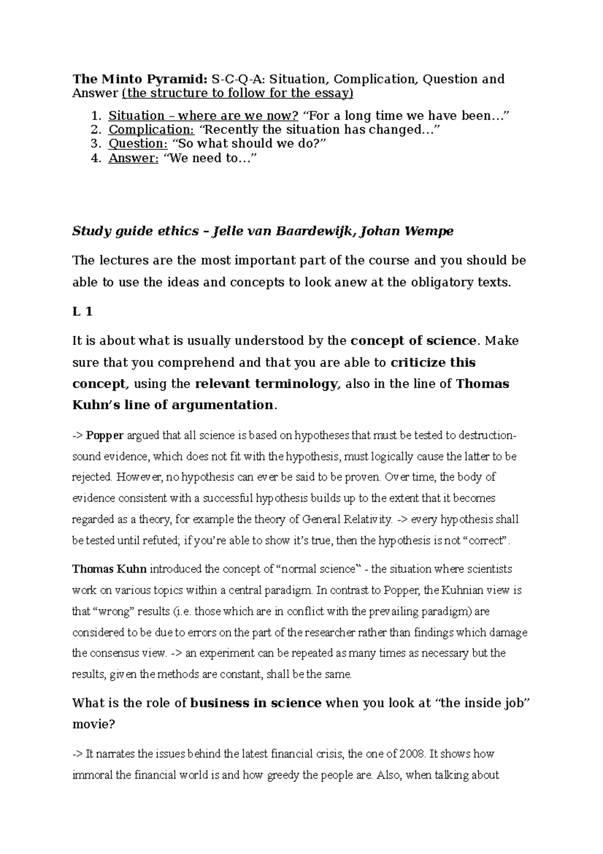 Study guideline ethics a - The Minto Pyramid: S-C-Q-A: Situation ...