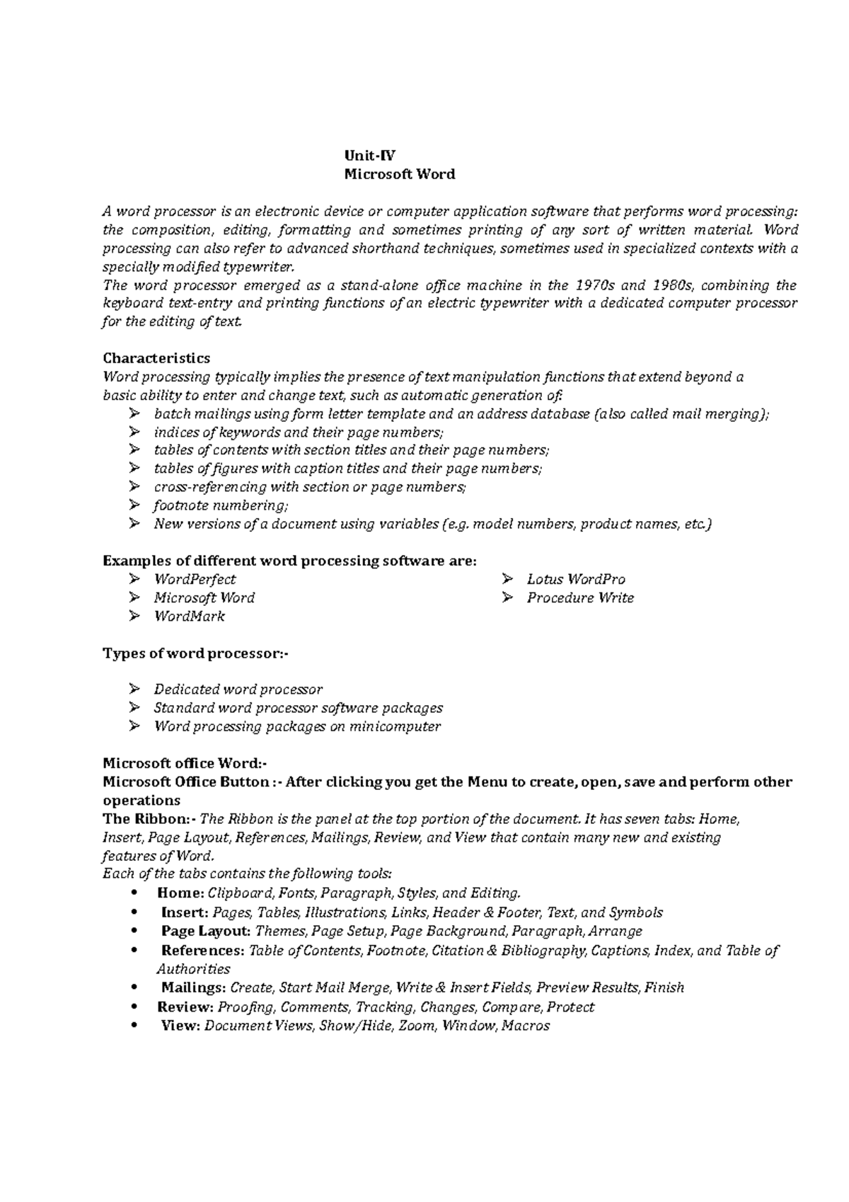 Unit-4 Microsoft Word - It’s lecture notes - Unit-IV Microsoft Word A ...