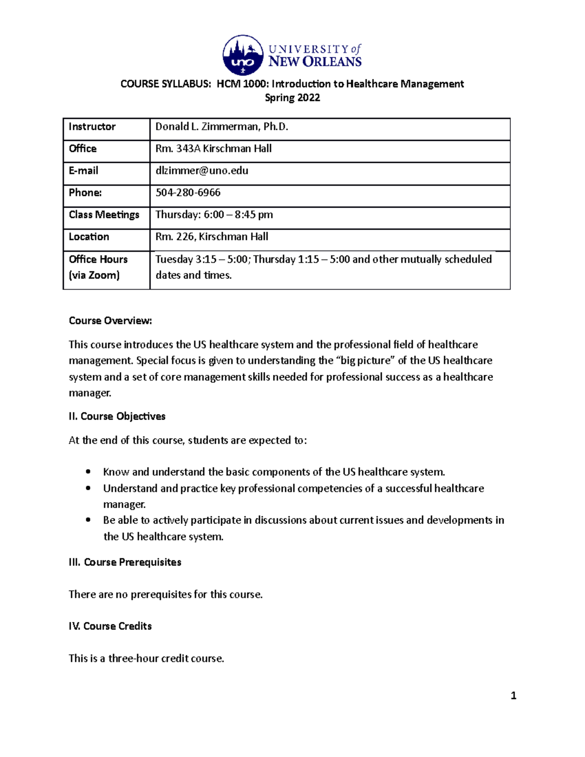 HCM 1000- Syllabus - Spring 2022 - COURSE SYLLABUS: HCM 1000 ...