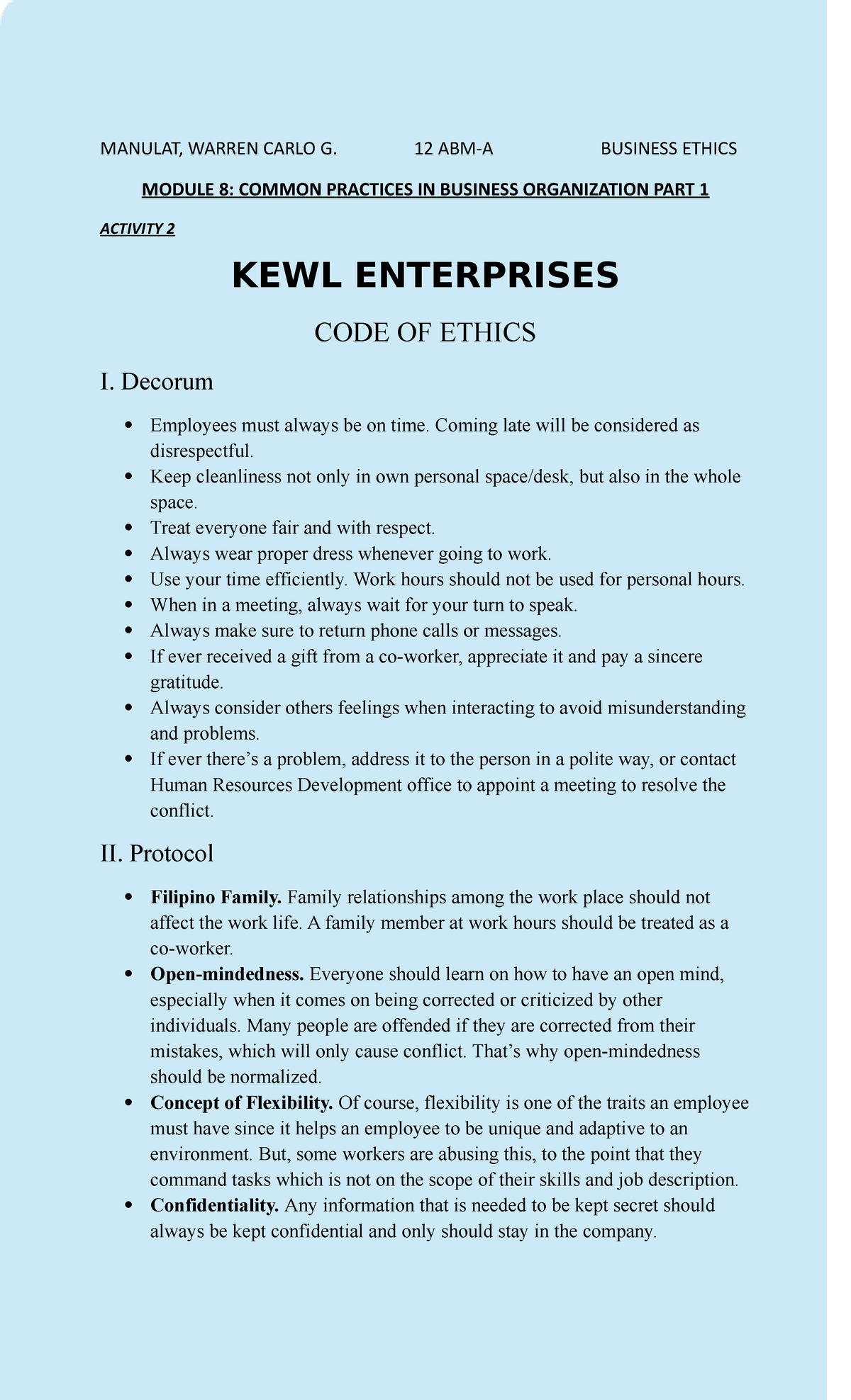 Ethics 08 part 1 grade 12 - MANULAT, WARREN CARLO G. 12 ABM-A BUSINESS ...