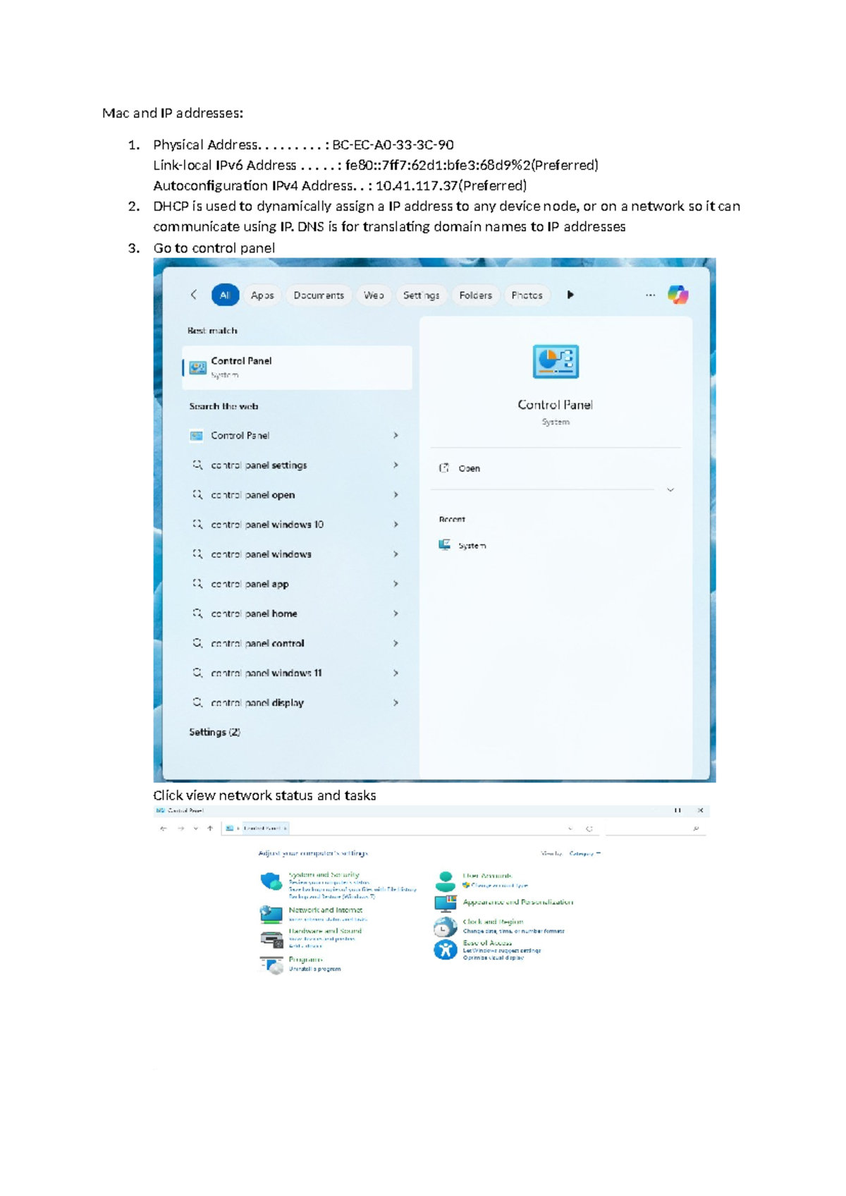 Mac and IP addresses - Physical Address......... : BC-EC-A0-33-3C- Link ...
