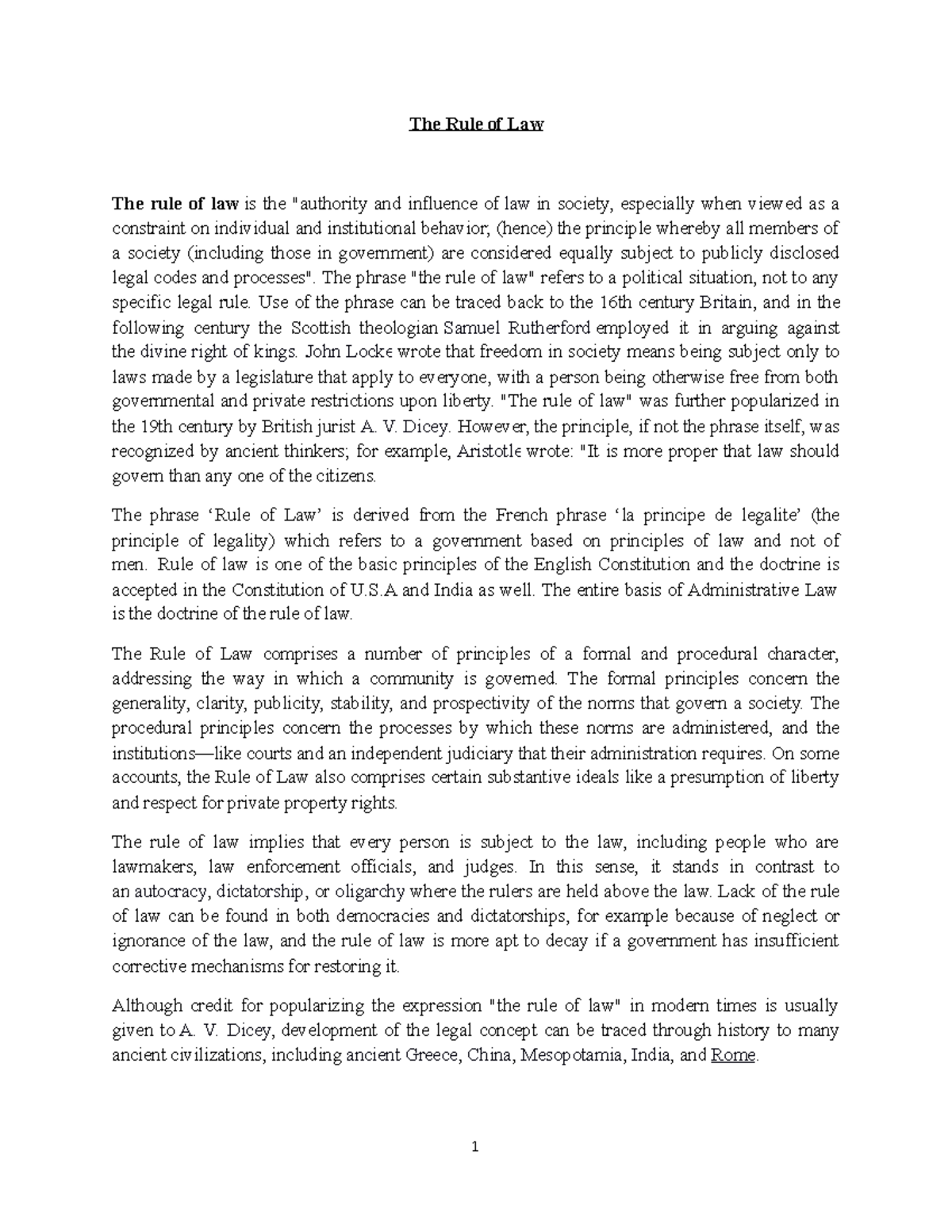 Rule of Law - Lecture notes 2 - The Rule of Law The rule of law is the ...