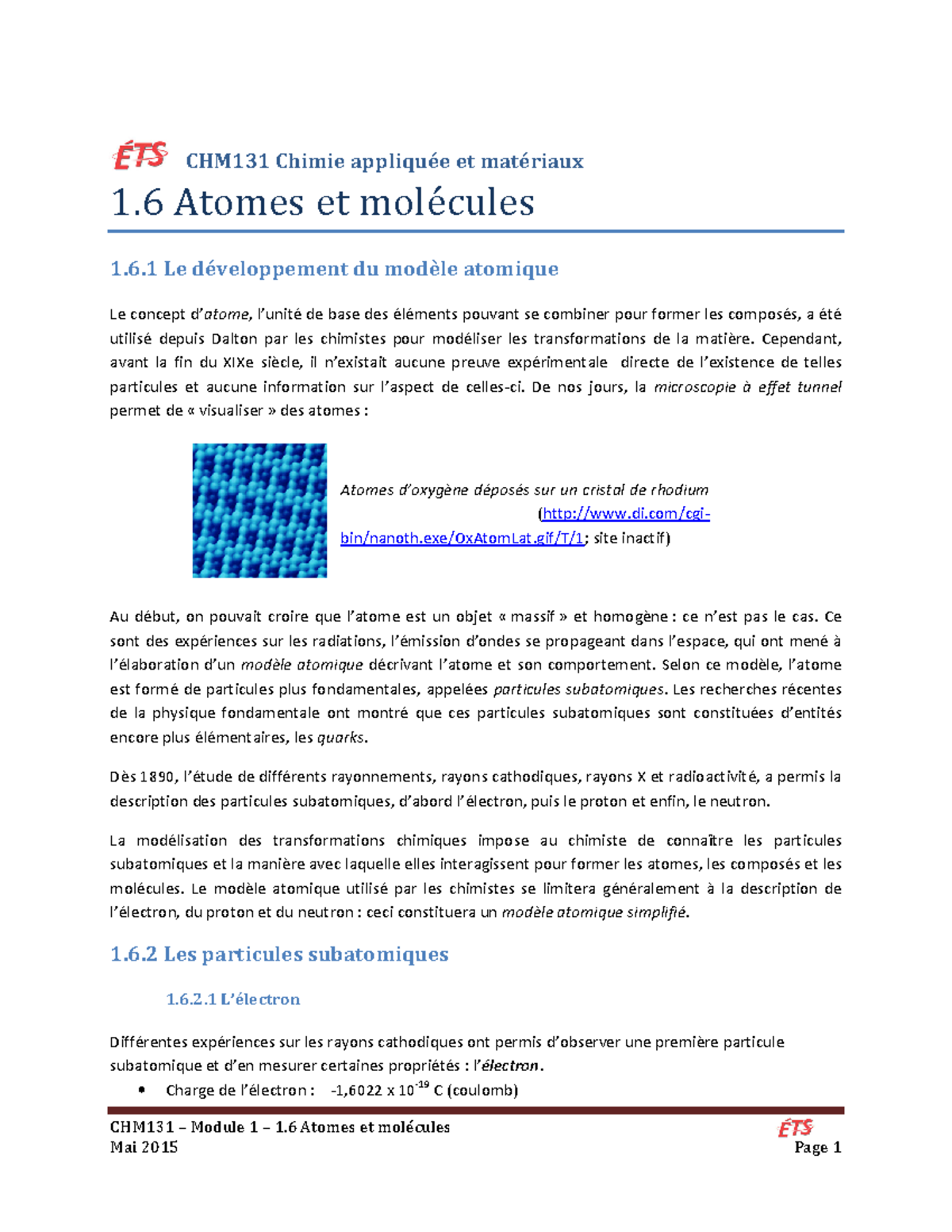 Atomes et molécules - 6 Le développement du modèle atomique Le concept ...