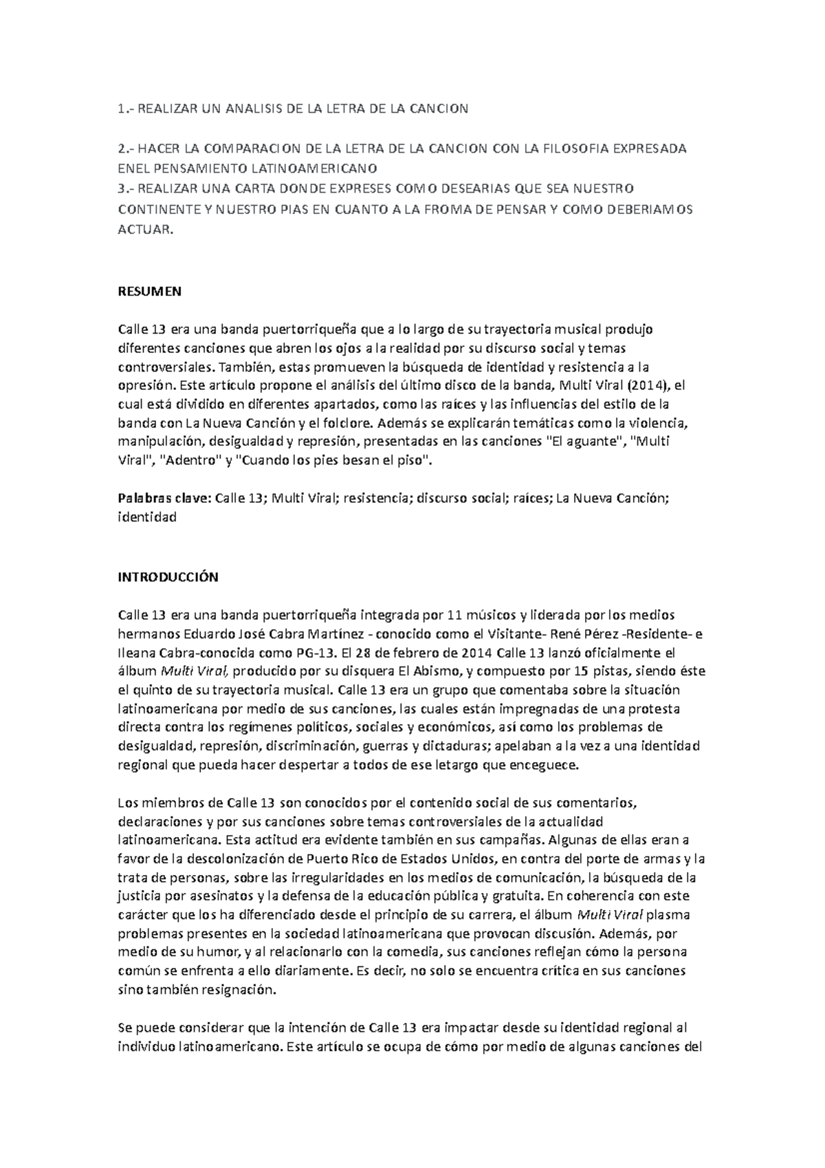 1 - fgfdg - 1.- REALIZAR UN ANALISIS DE LA LETRA DE LA CANCION 2 ...