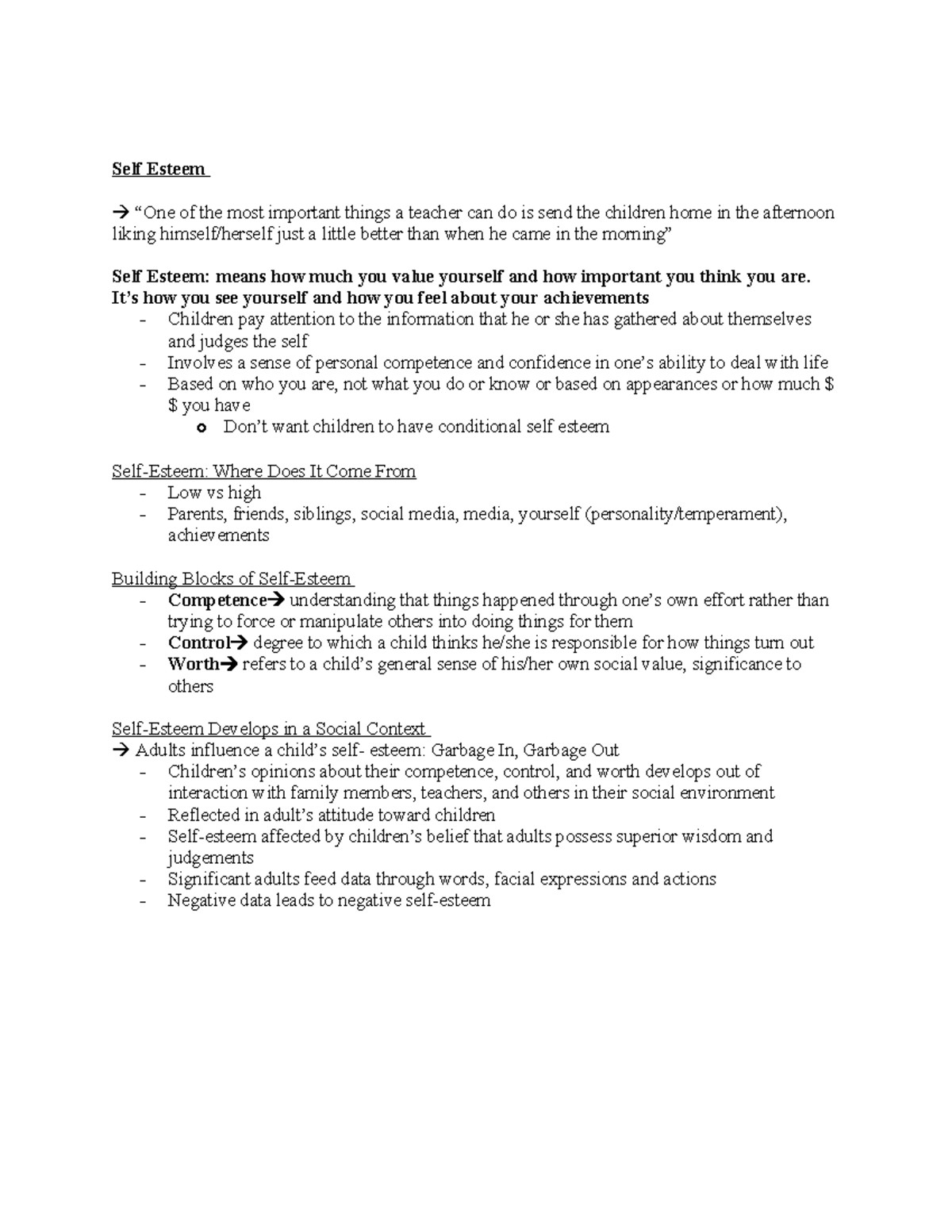 Self Esteem - notes - Self Esteem “One of the most important things a ...