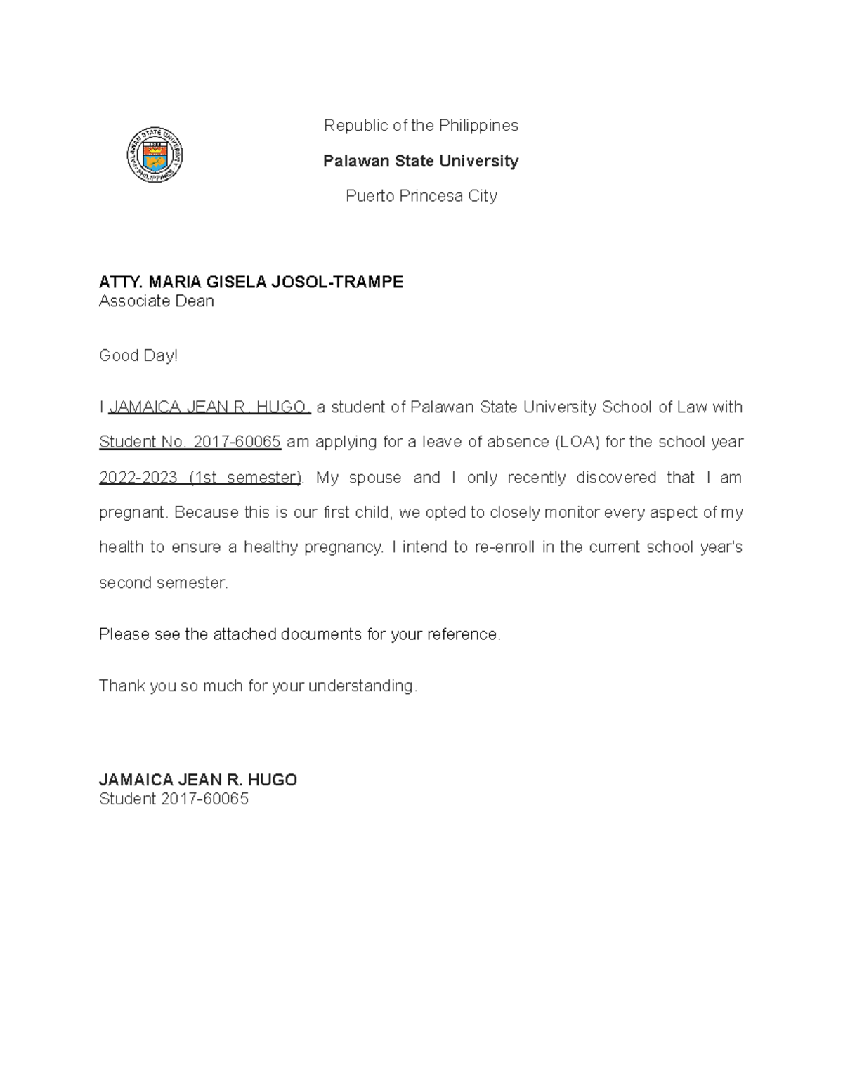 LOA HUGO - Leave of absence - Republic of the Philippines Palawan State ...