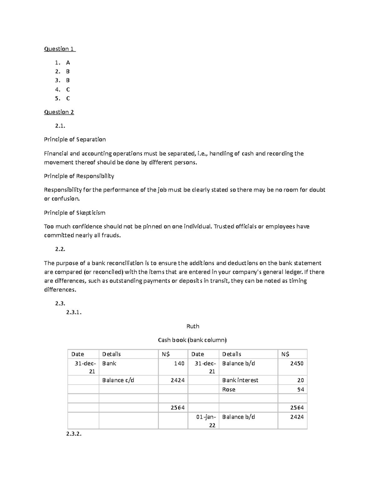 AFA241 - assignment to be completed and uploaded - Question 1 A B B C C Question 2 Principle of ...