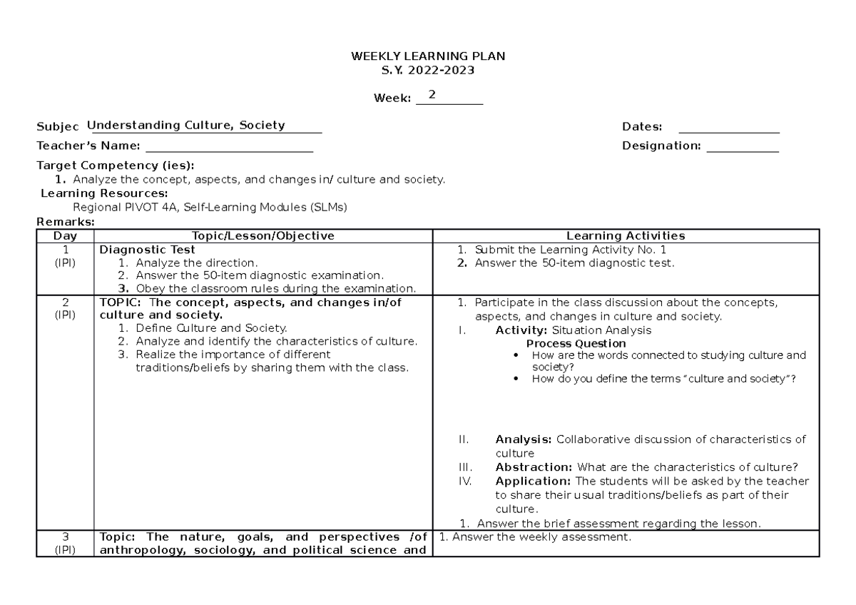 UCSP - concept aspects and changes in culture and society - WEEKLY ...