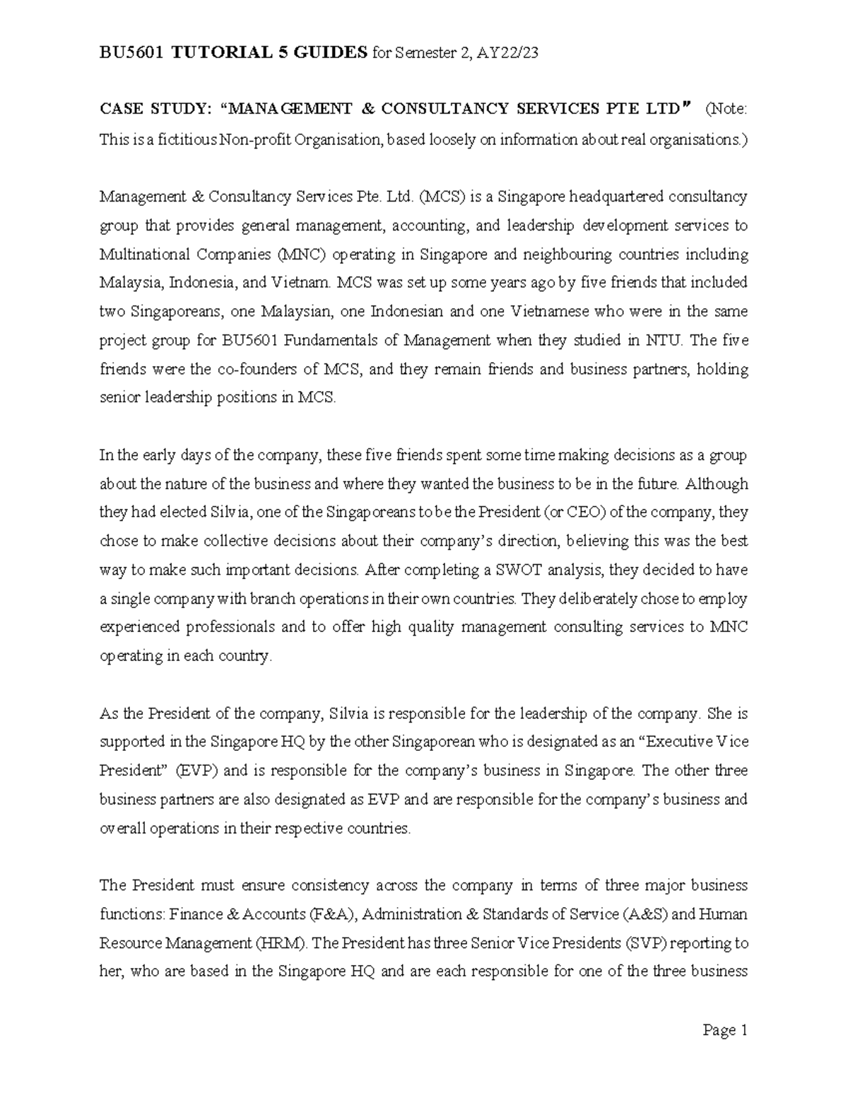 BU5601 - Tutorial 5 - CASE STUDY: “MANAGEMENT & CONSULTANCY SERVICES PTE LTD” (Note: This is a ...