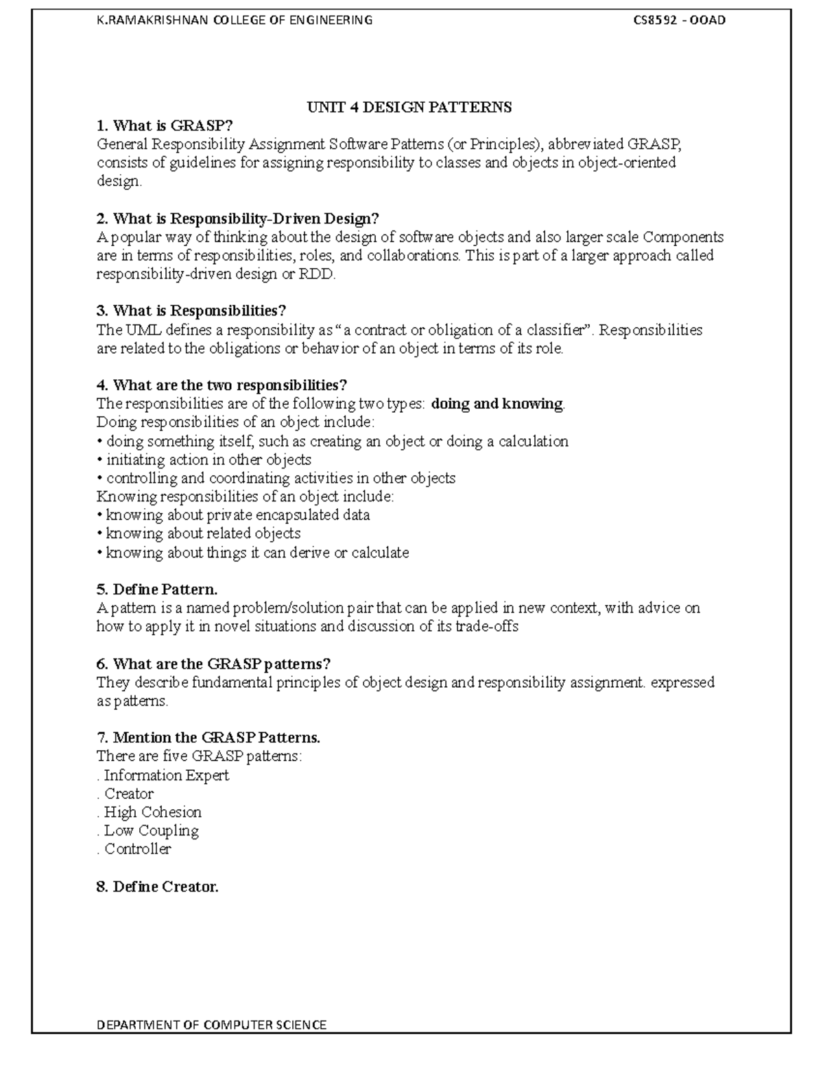 Unit 4 two marks for ooad - UNIT 4 DESIGN PATTERNS 1. What is GRASP ...