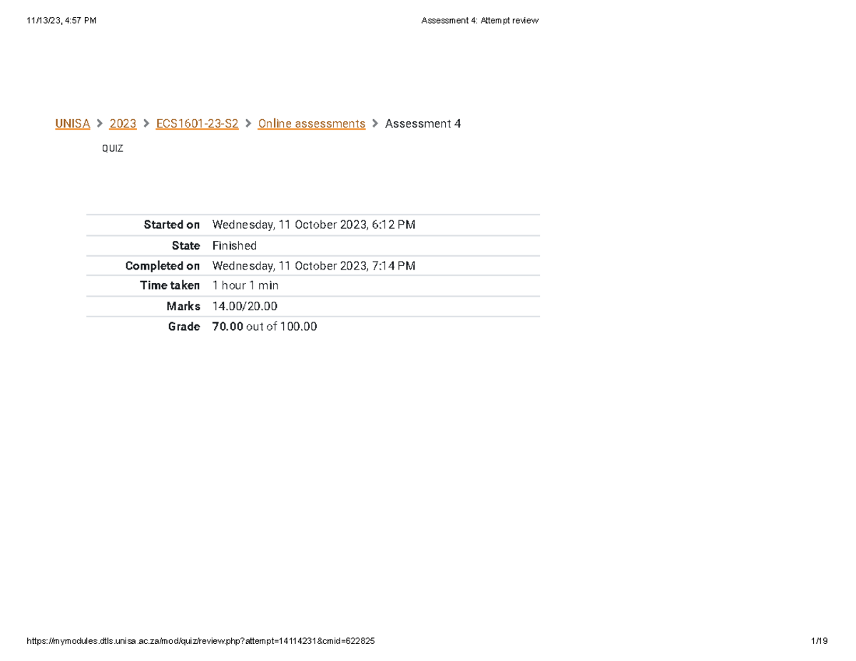 Assessment 4 Attempt review - UNISA 2023 ECS1601-23-S2 Online ...