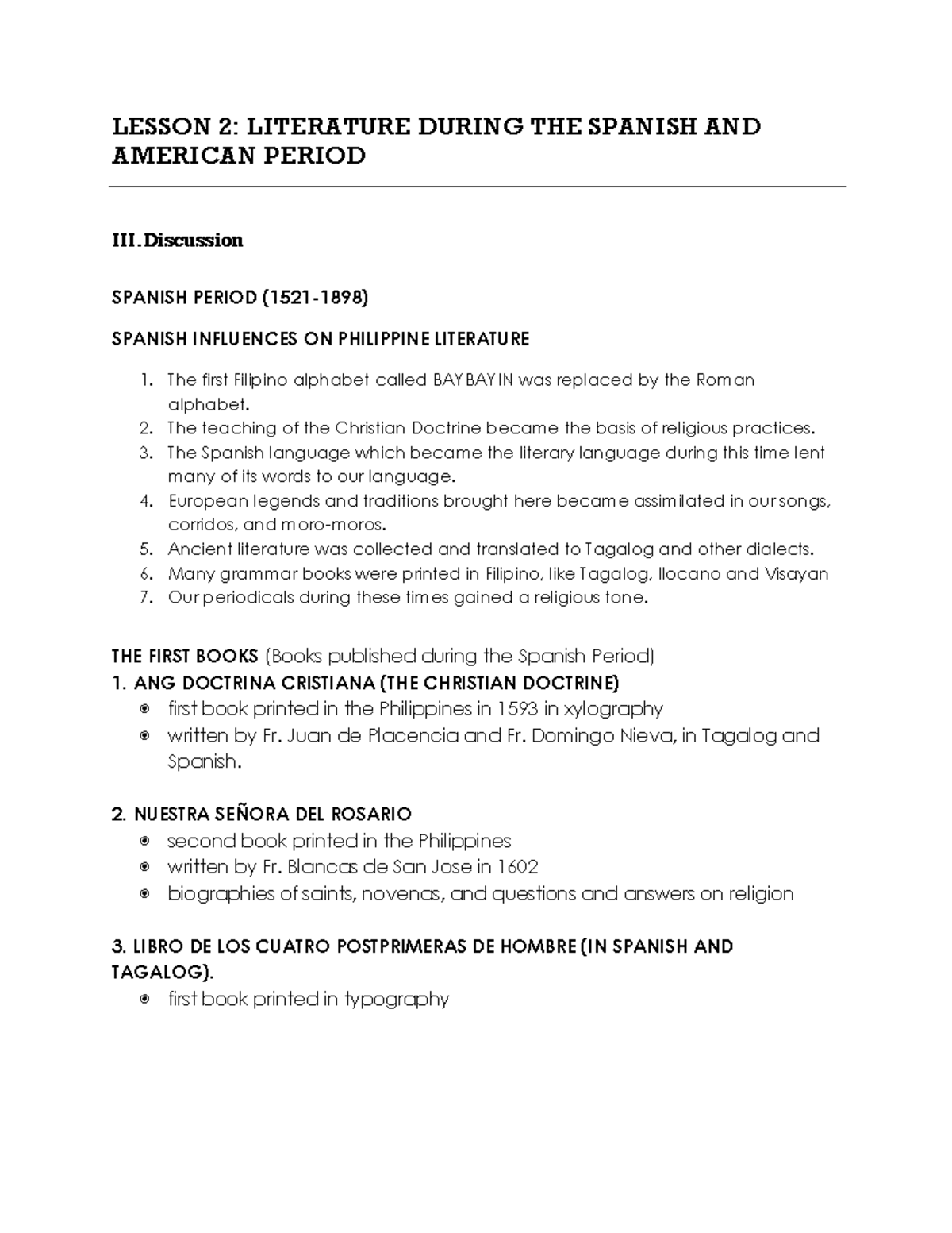 L2 LITT Handout - LITERATURE DURING THE SPANISH AND AMERICAN PERIOD ...