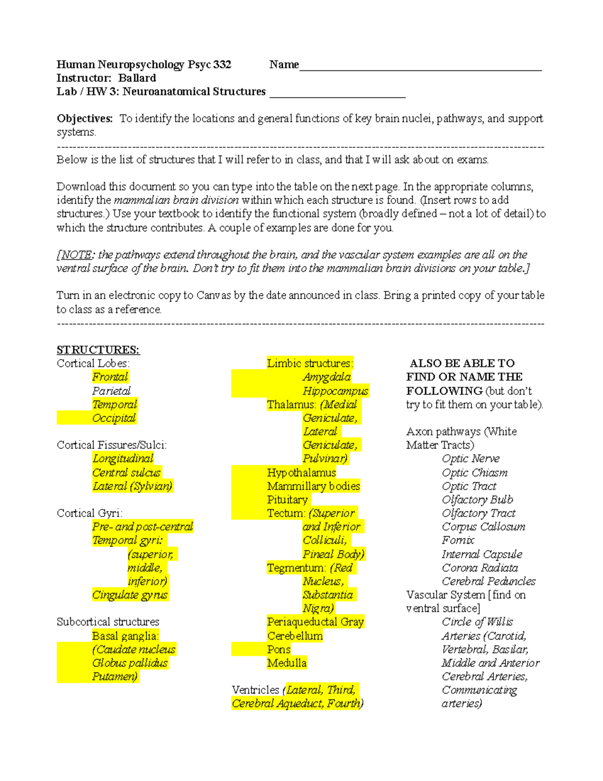 Neuropsych lab 3 - lab 3 - Human Neuropsychology Psyc 332 - Studocu