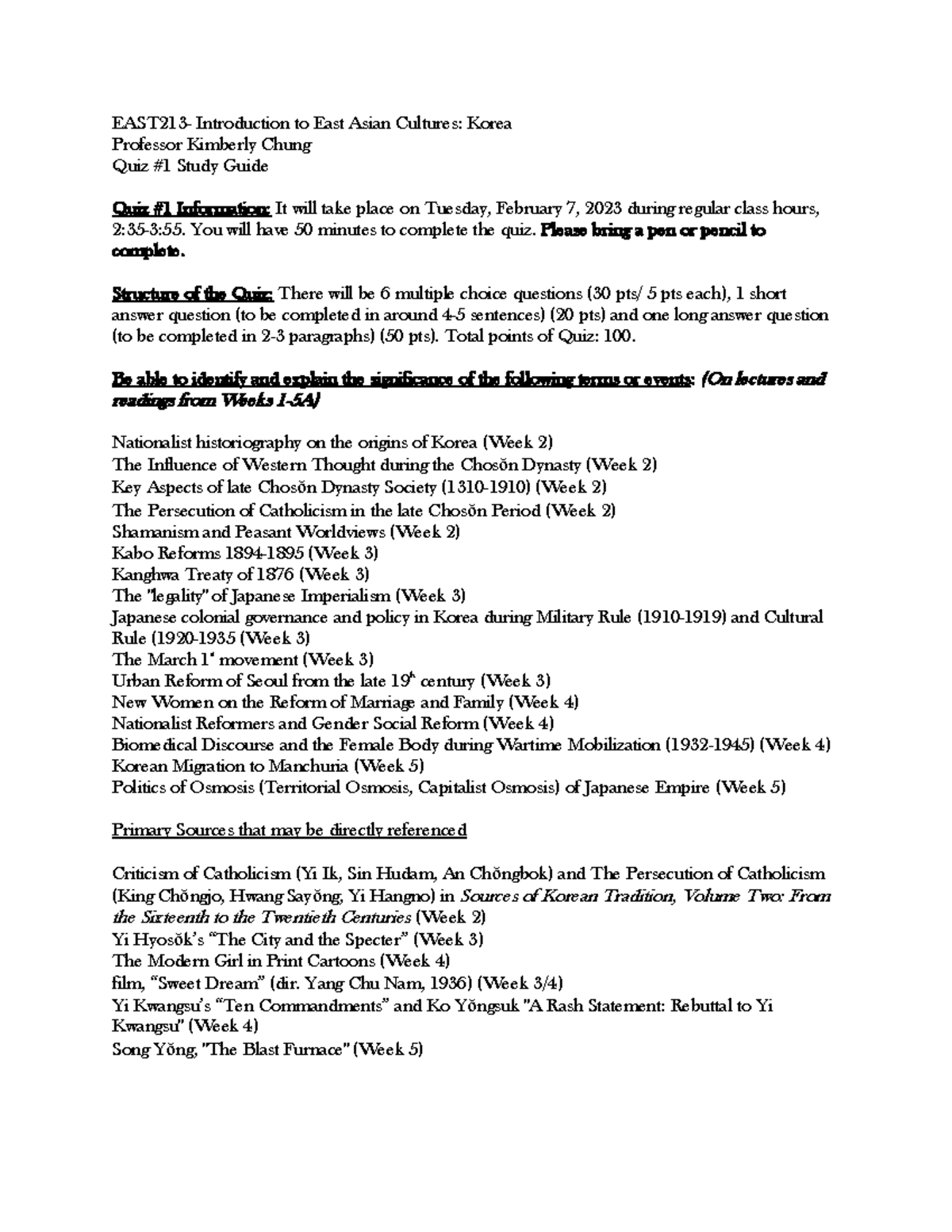 WI23 Quiz 1 EAST213 Study Guide - EAST213- Introduction to East Asian ...