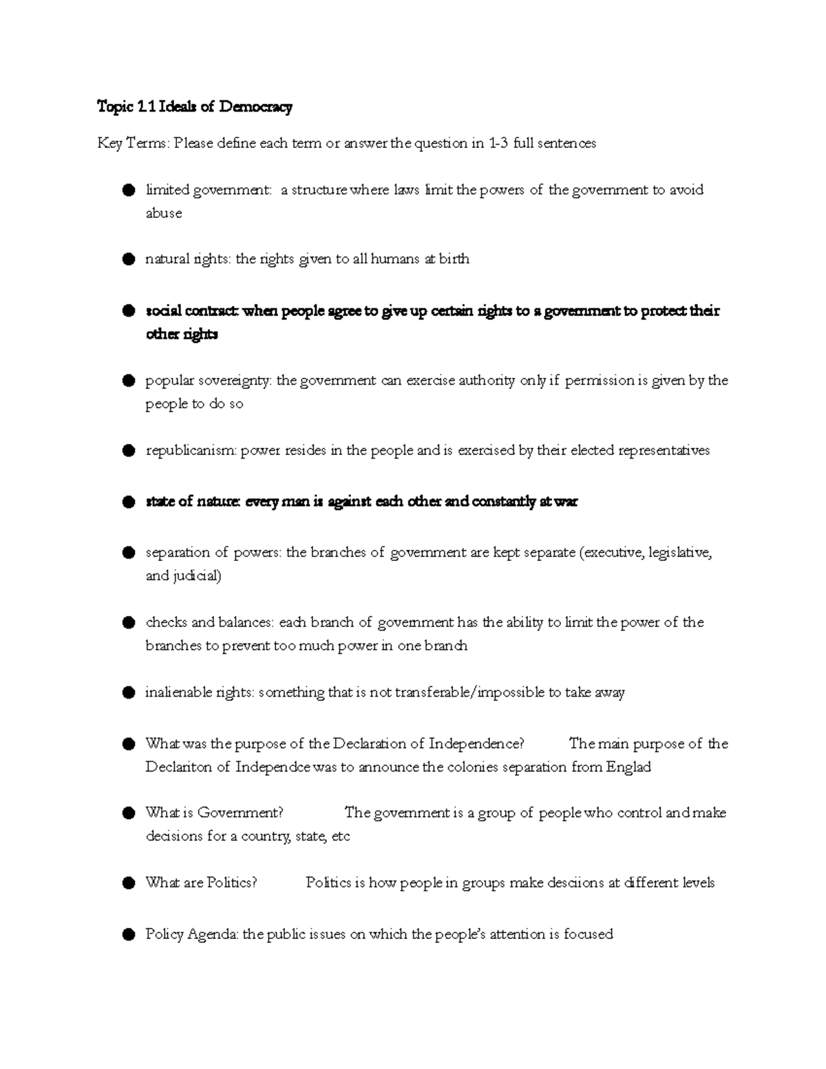 world history: Answer - Topic 1. 1 Ideals of Democracy Key Terms ...