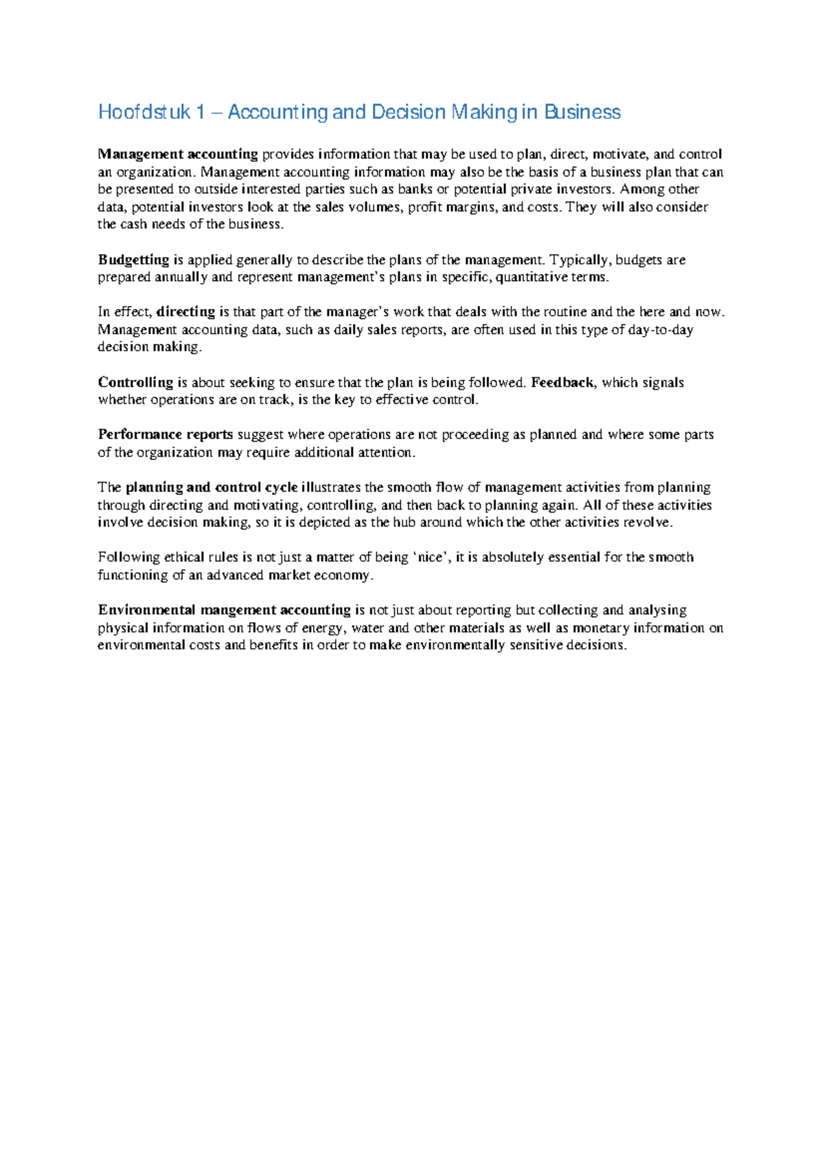 Summary Accounting for Management Control, H1-13 - Hoofdst uk 1 ...