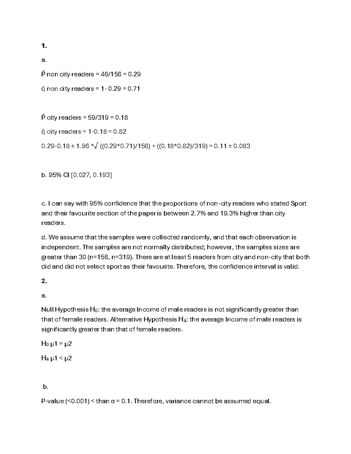 BSNS 112 Assignment 3 2024 - 1. a. P̂ non city readers = 46/ 156 = 0. 29 q̂ non city readers = 1 ...