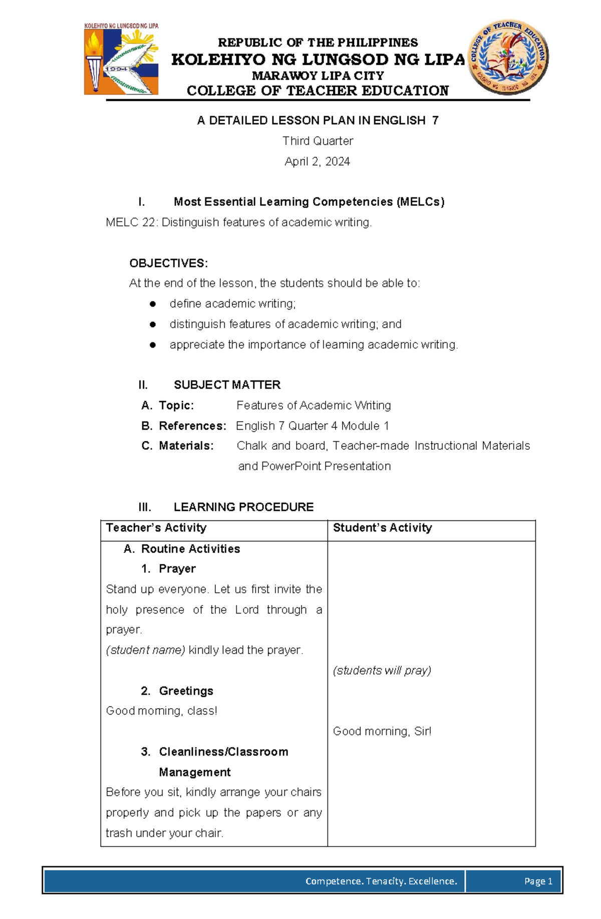DLP-grade 7 ENGLISH - KOLEHIYO NG LUNGSOD NG LIPA MARAWOY LIPA CITY COLLEGE OF TEACHER EDUCATION ...