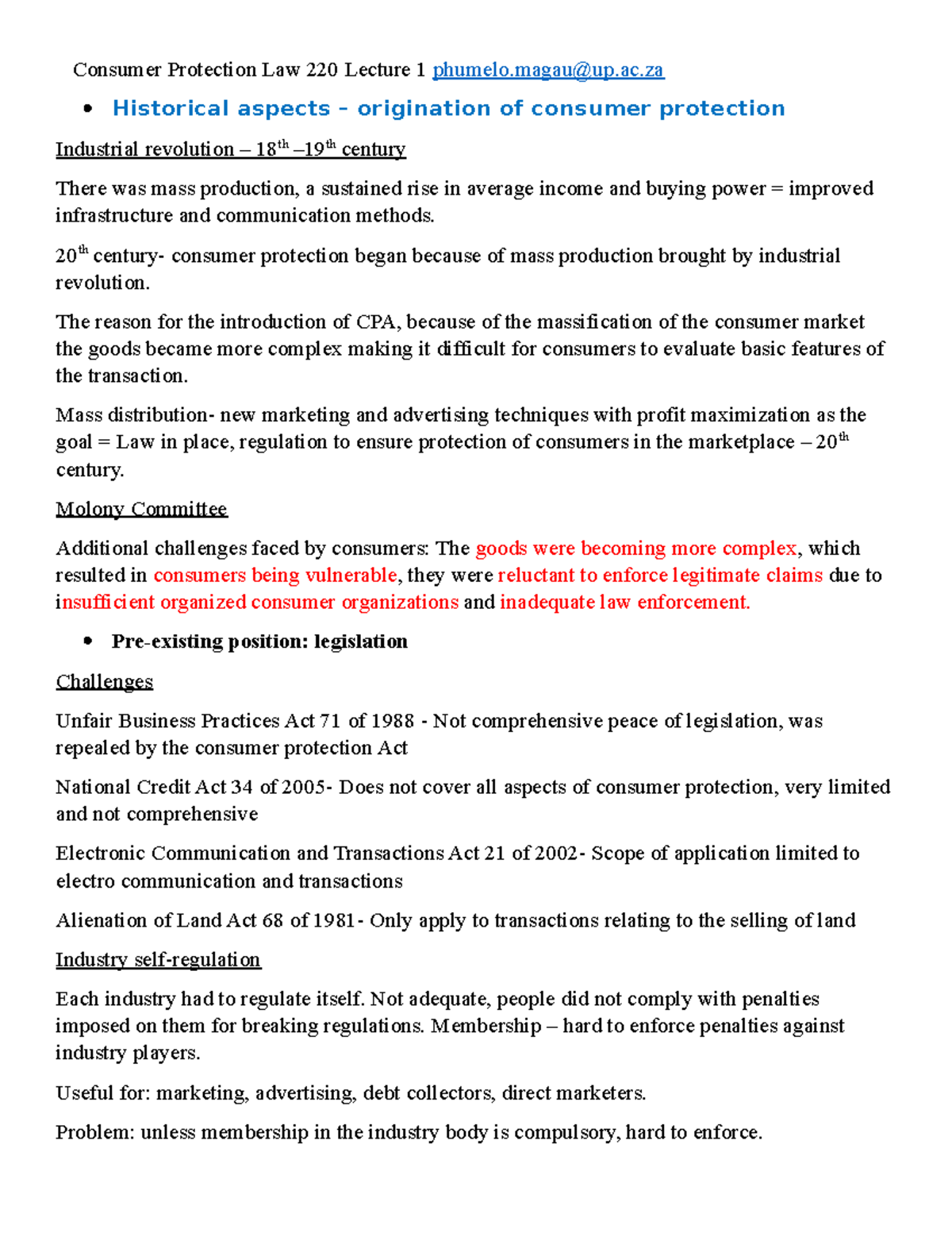 VBB - lecture notes for semester tests - Consumer Protection Law 220 ...