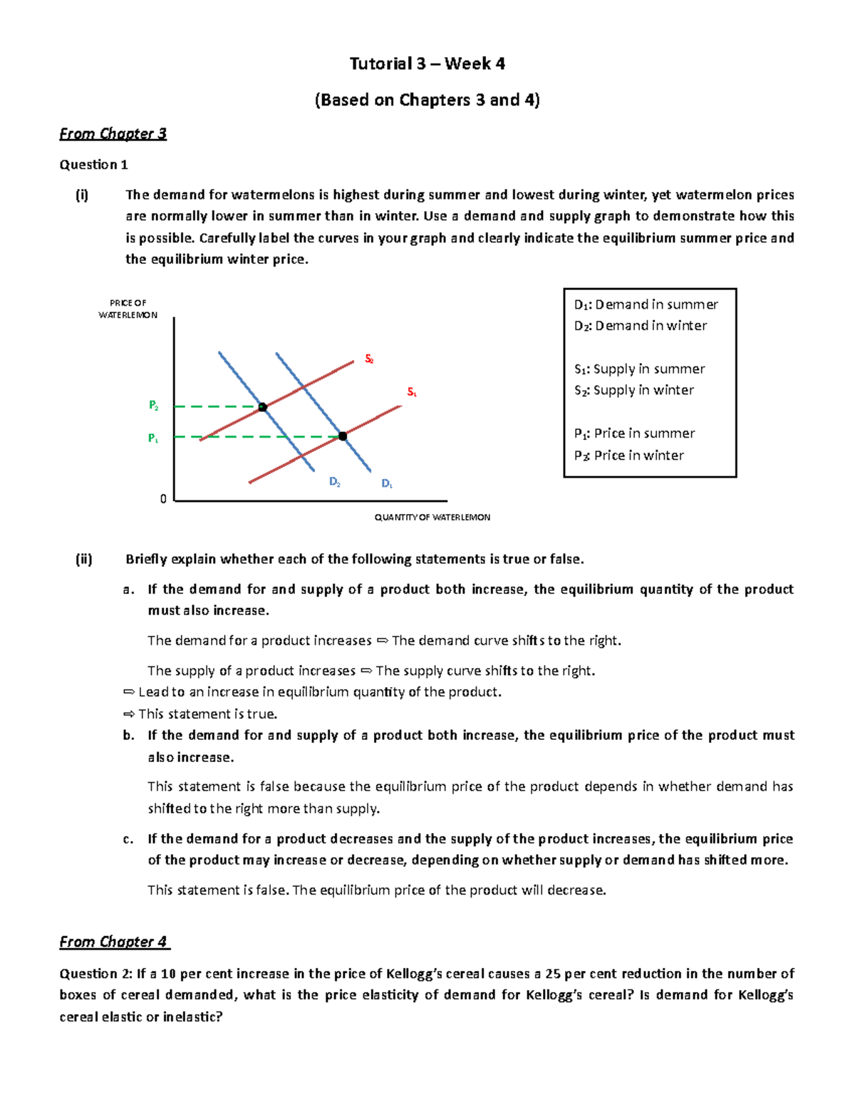 ECON100 Tutorial 3 - Tutorial 3 – Week 4 (Based on Chapters 3 and 4 ...