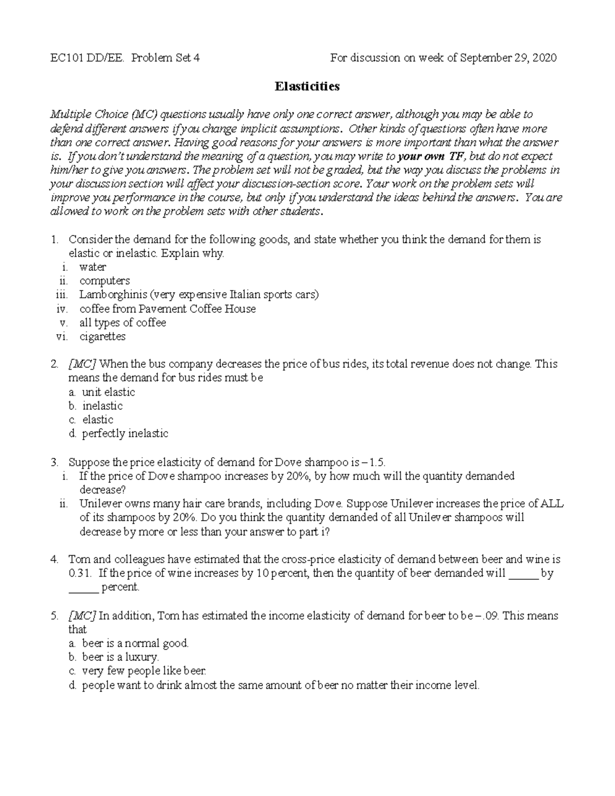Problem Set4 - Professor Manove Econ 101 - EC101 DD/EE. Problem Set 4 For discussion on week of ...