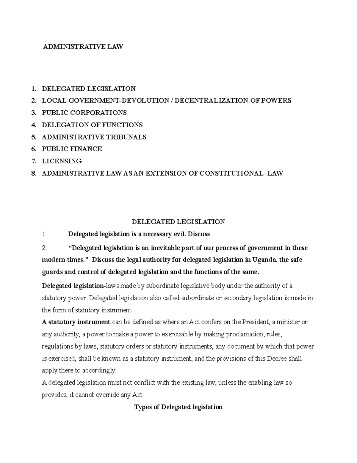 Administrative LAW - ADMINISTRATIVE LAW 1. DELEGATED LEGISLATION 2 ...