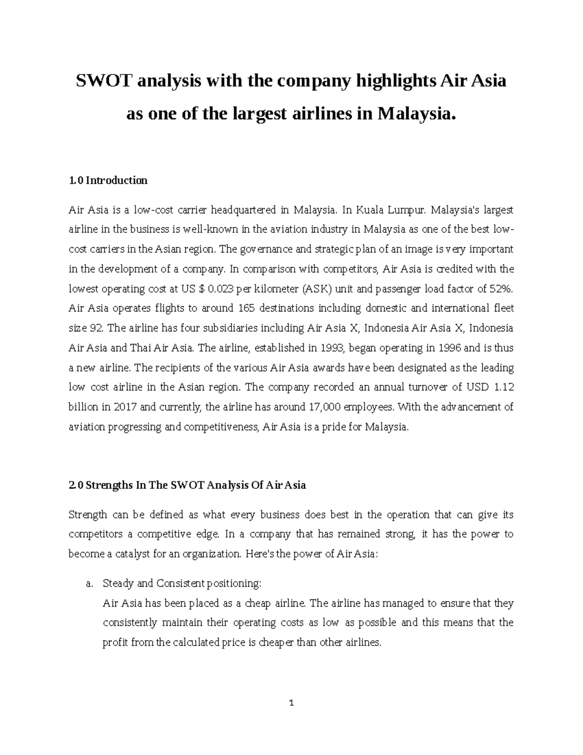 Air Asia SWOT - assignment - SWOT analysis with the company highlights ...
