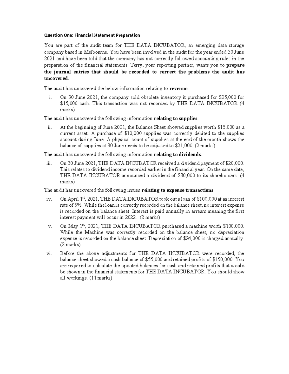 Sample Exam 1 (questions) - Question One: Financial Statement ...